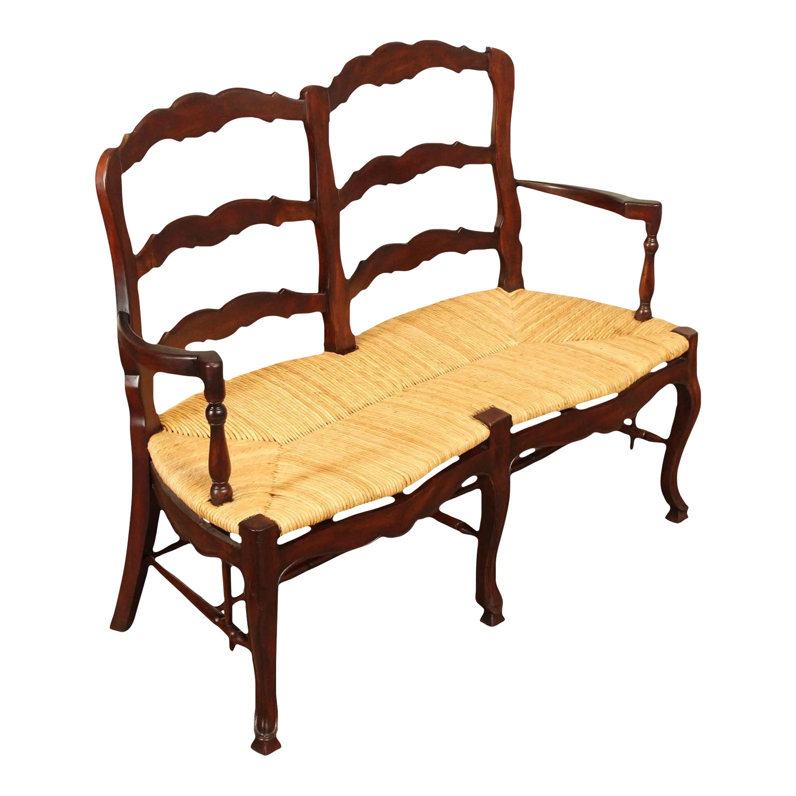 French Country Style Ladderback Rush Seat Settee | Chairish