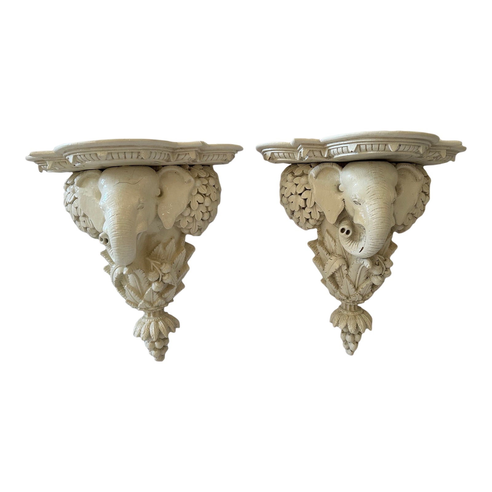 Carved Wood White Laquered Elephant Wall Brackets -A Pair | Chairish