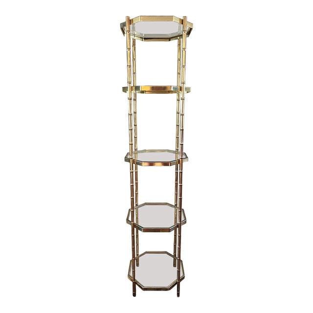 1960s Faux Bamboo Gold and Glass Five Tier Octagon Etagere | Chairish