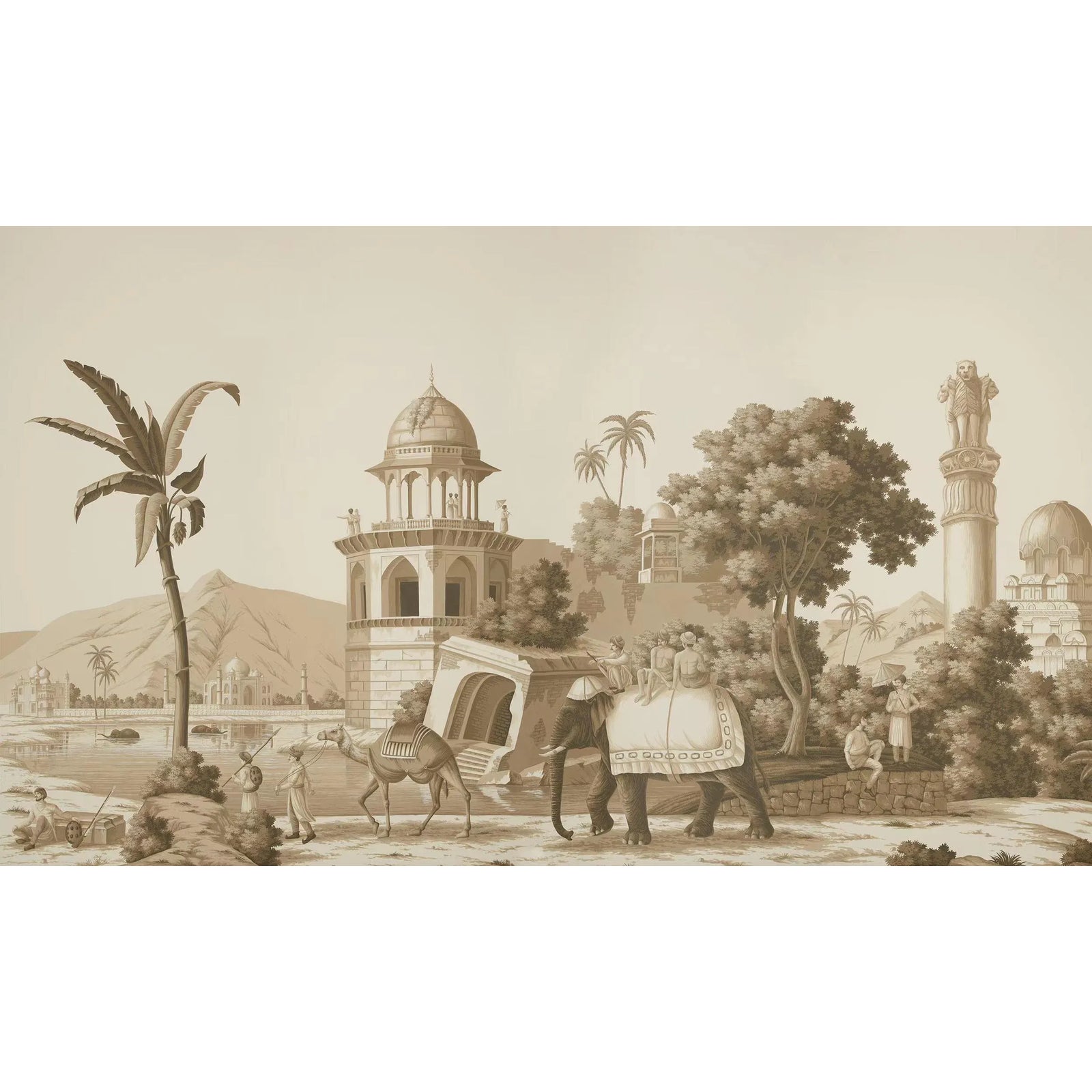 Sepia Colorway "Early View of India" Panoramic Murals Hand Painted ...