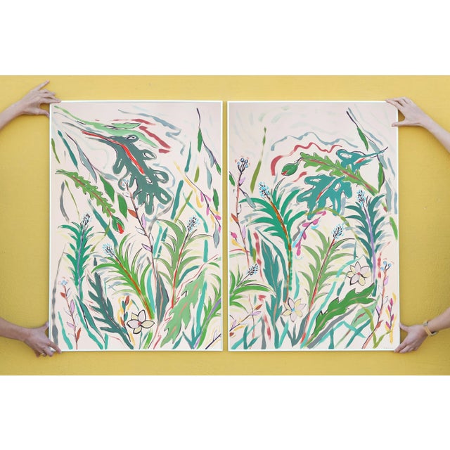 2024, Illustration Style Diptych of Tropical Flora 'Tropical Little Palms', Acrylic Painting and ...