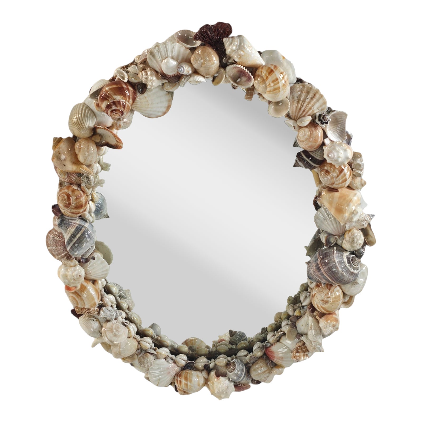 Coastal Oval Sea Shell Encrusted Wall Mirror Grotto Art 23" | Chairish