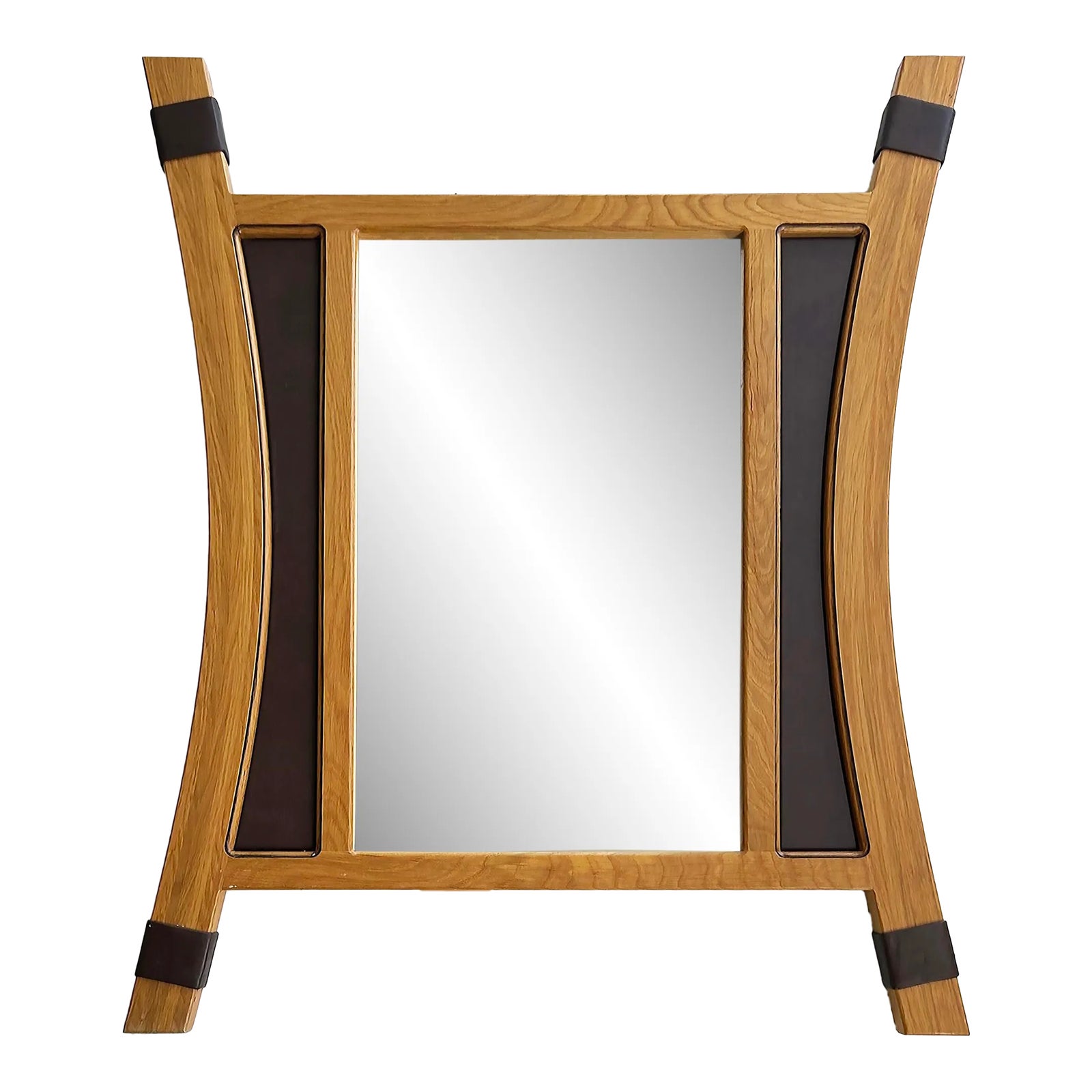 2012 Artist Signed Oak and Leather Studio Crafted Wall Mirror | Chairish