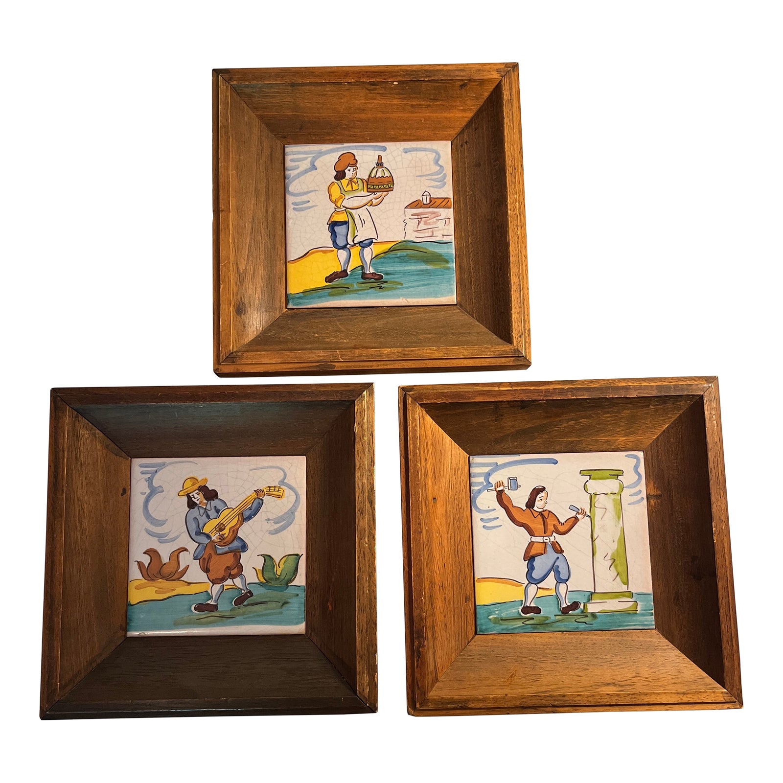Late 20th Century Hand Painted Spanish Folk Art Tile in Wood Frames ...