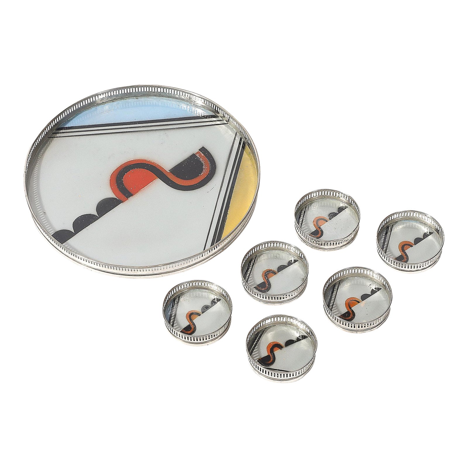 Art Deco Jazz Age Eglomise Chrome Tray & Coaster Set | Chairish