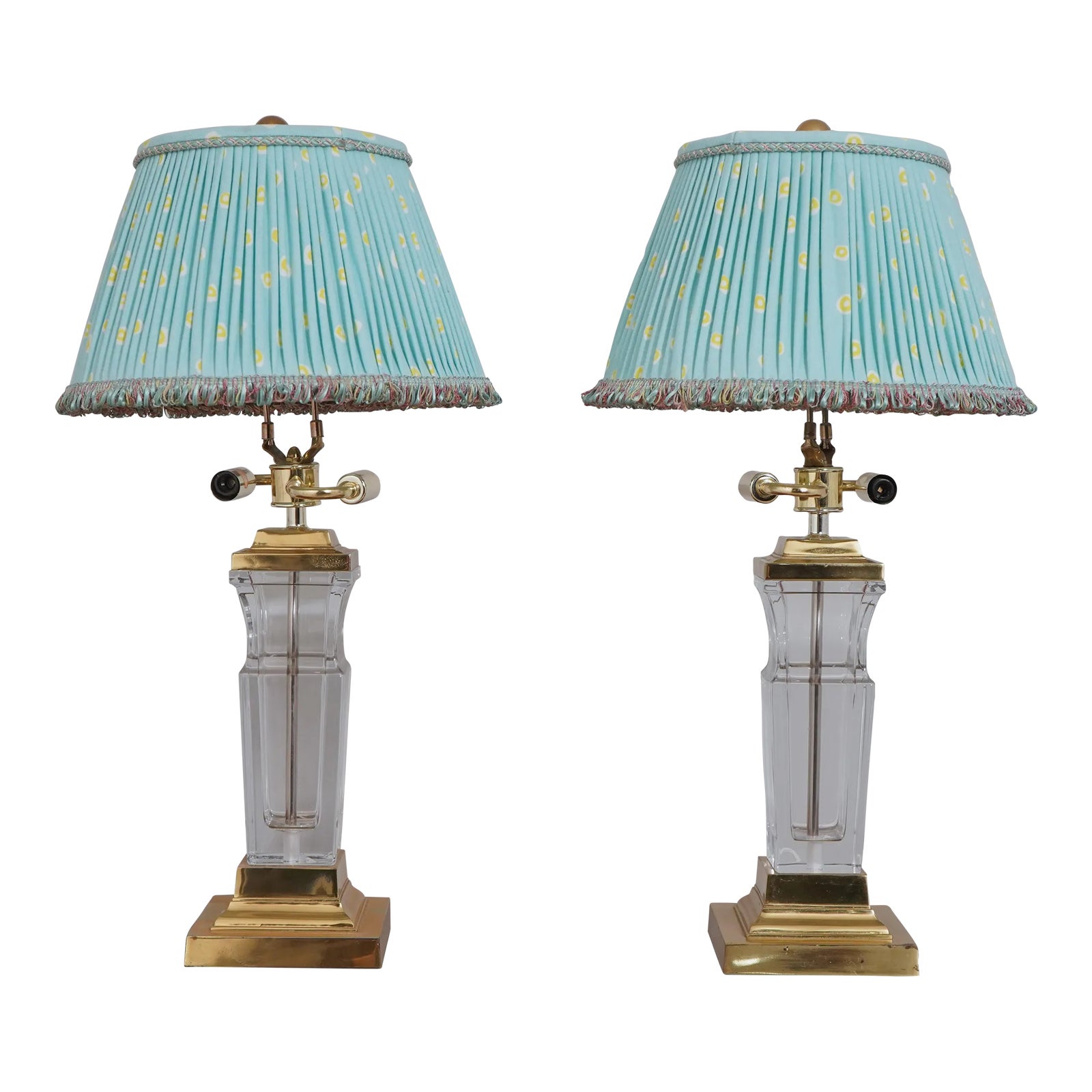 Pair 1990s Crystal & Brass Table Lamps With Shades | Chairish