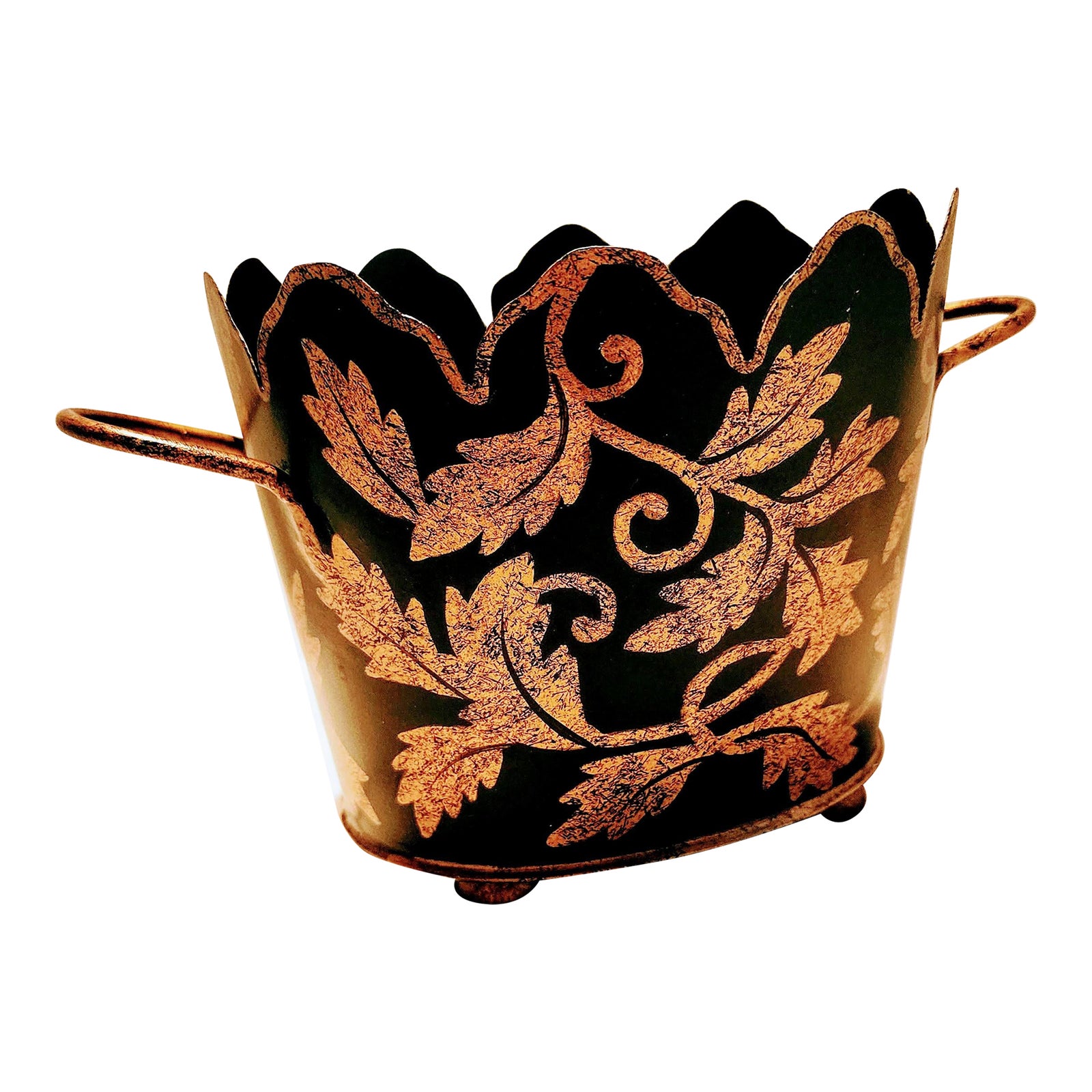 1960s Black & Gold Vintage Gilt Scroll Tin Tole Cachepot | Chairish