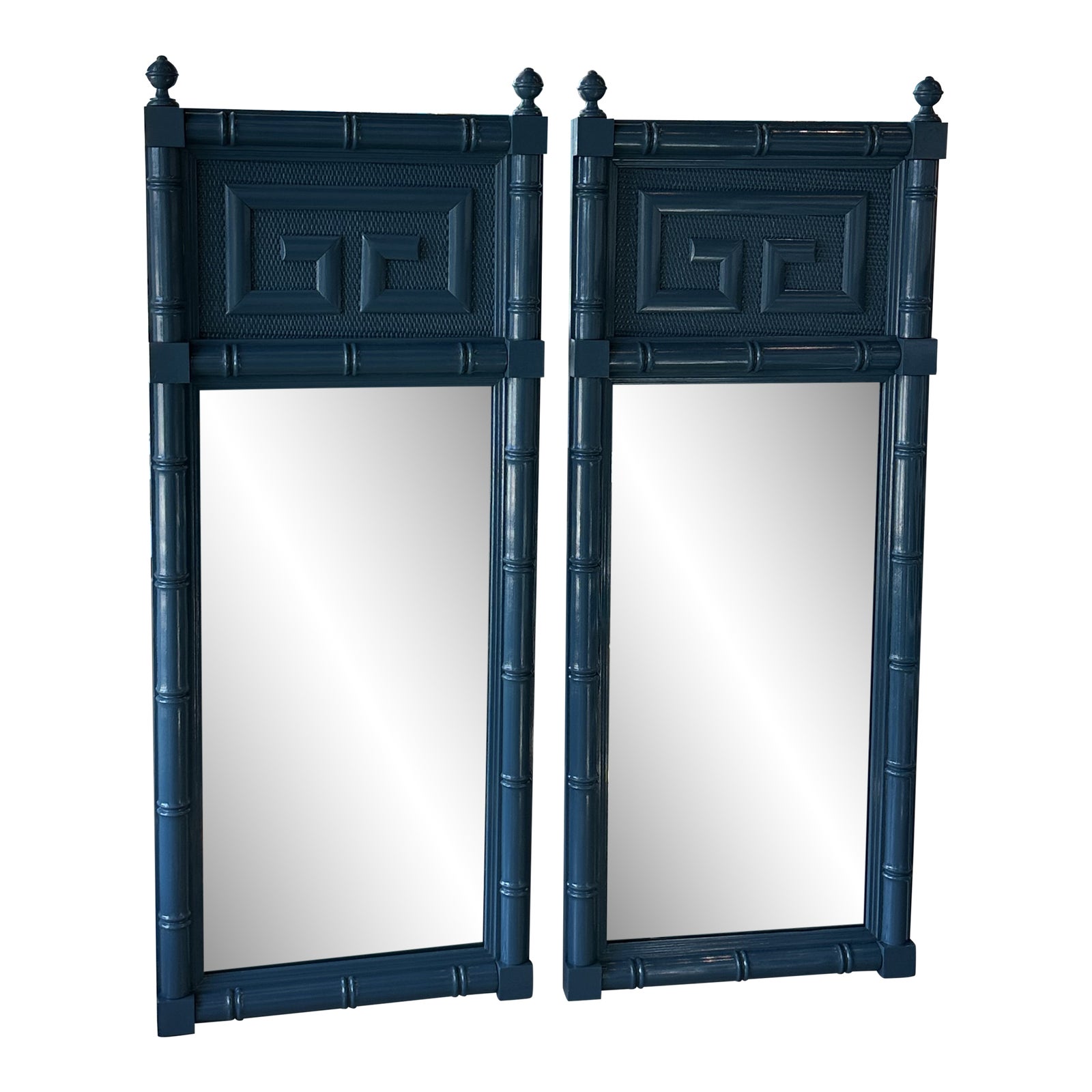 Vintage Pair of Wood Faux Bamboo Greek Key Blue Lacquered Wall Mirrors ...