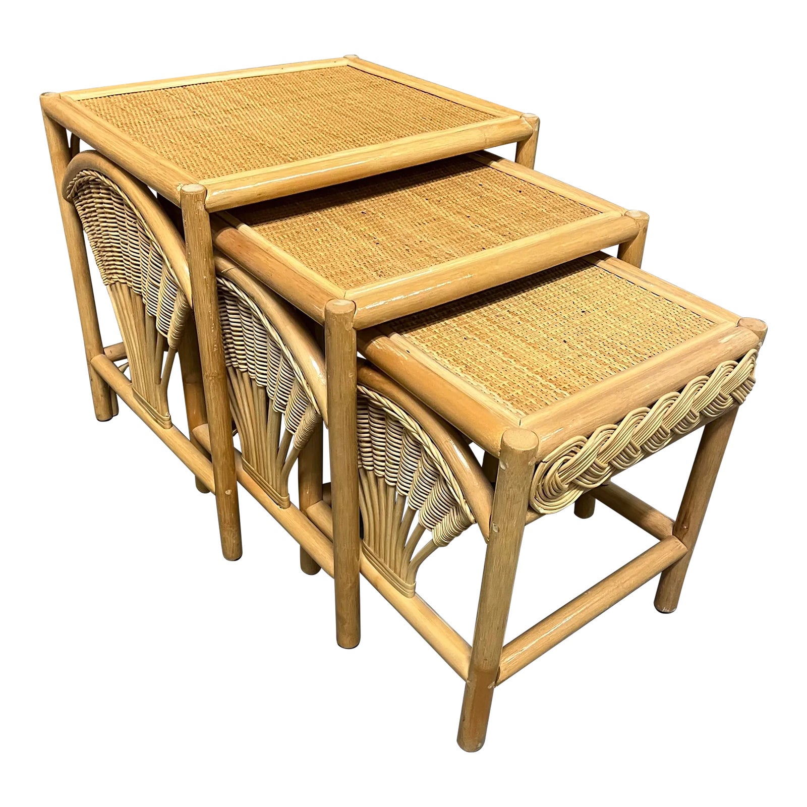 Coastal Style/ Bohemian Wheat Sheaf Rattan Nesting Tables. Circa 1980s ...