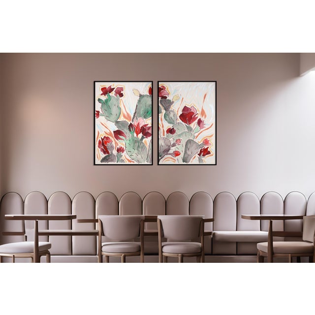 2024, Illustration Style, Naturalistic Diptych of "Wild Cactus Flowers", Watercolor on Paper by ...