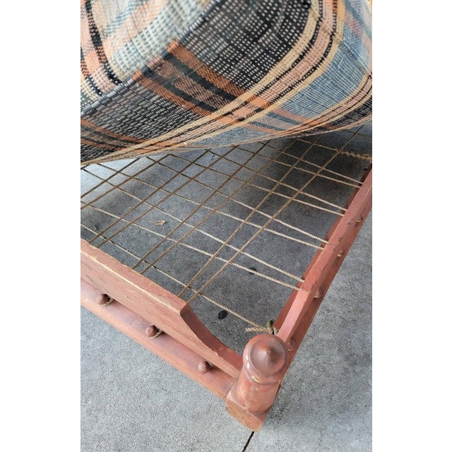 19th C Original Salmon Painted Trendle Bed W/ Rag Rug Cushion | Chairish