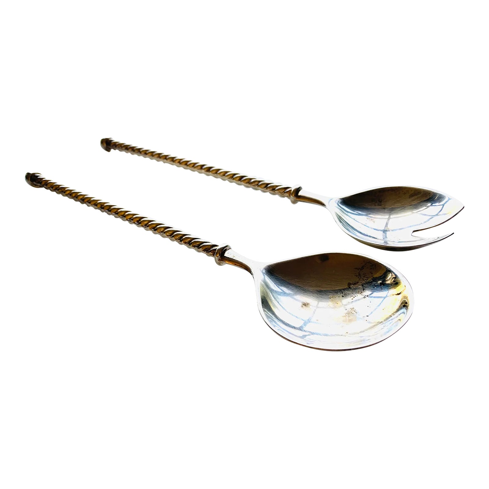 Vintage Italian e.p Zinc Twist Handle Serving Spoon & Fork | Chairish