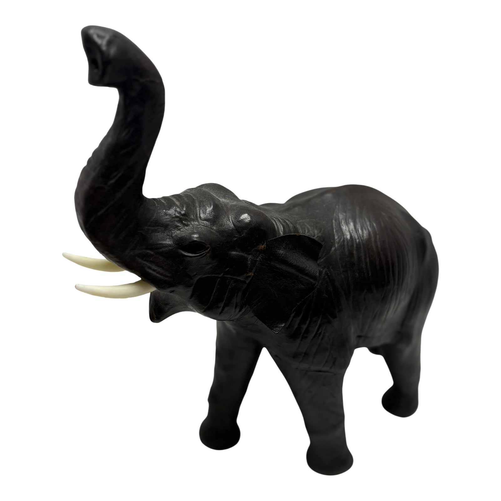 Vintage Leather Elephant Figurine Large Black Trunk Up Good Luck Decor ...