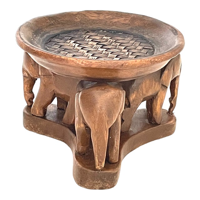 Mid 20th Century Hand-Carved Wood Elephant Rattan Plant Stand ...