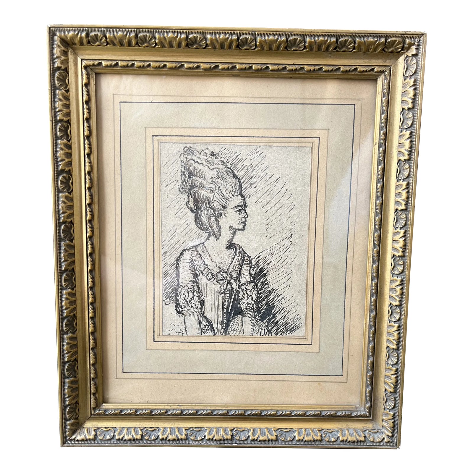 Antique French Early 20th Century Framed Ink Drawing of an 18th Century ...