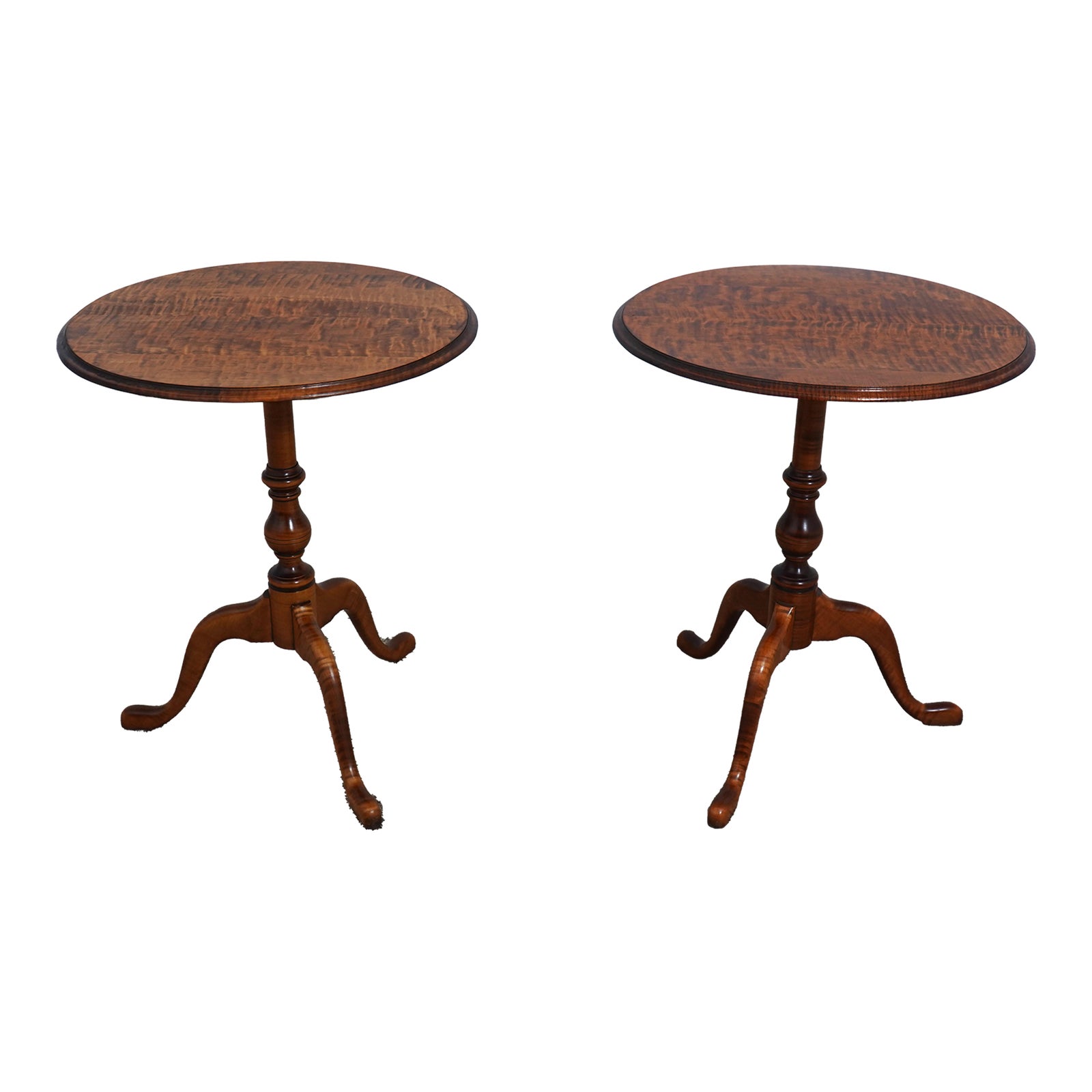 Pair Gregg Perry Tiger Maple Round Lamp Tables | Chairish