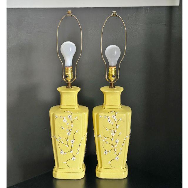 Mid 20th Century Porcelain, Pale Yellow Table Lamps, Raised Chinoiserie ...
