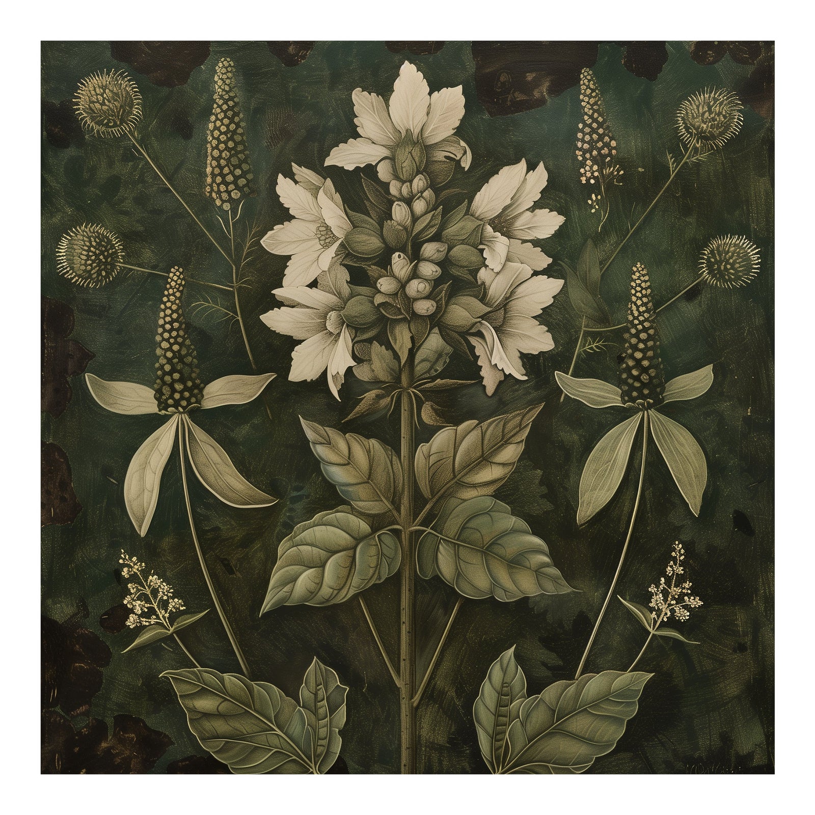 20' X 20' Original Botanical Print - Dark Green Grisaille | Chairish