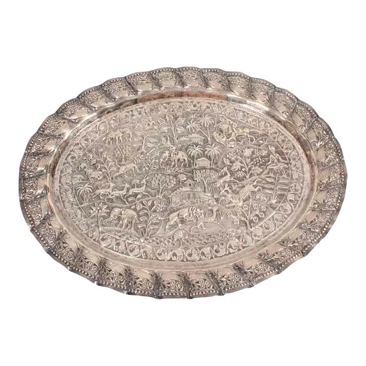 Late 19th Century Anglo Indian Silver Serving Tray | Chairish