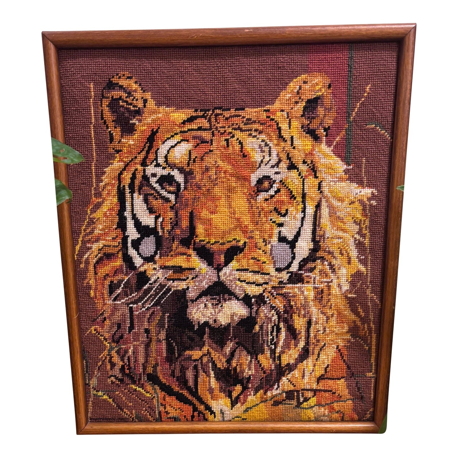 Vintage Framed Tiger Needlepoint Art - Hand-Stitched Jungle Cat Wall ...