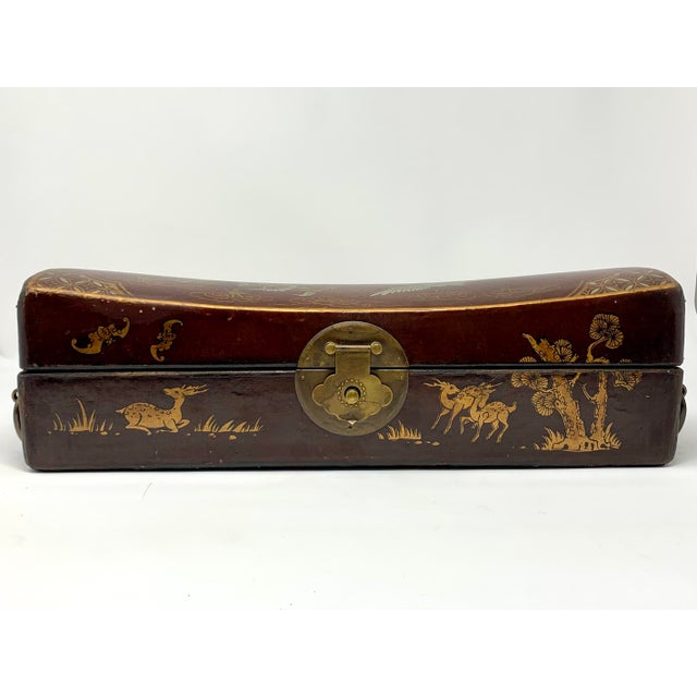 Antique Chinese Hand-Painted Leather Covered Pillow Box | Chairish
