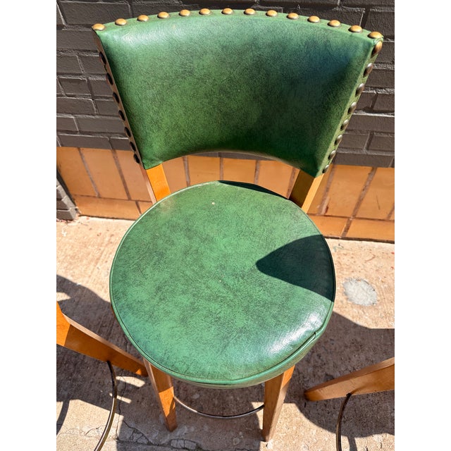 1970s 4 Green Vinyl Bar Stools With Metal Footrest & Nailhead Detail ...
