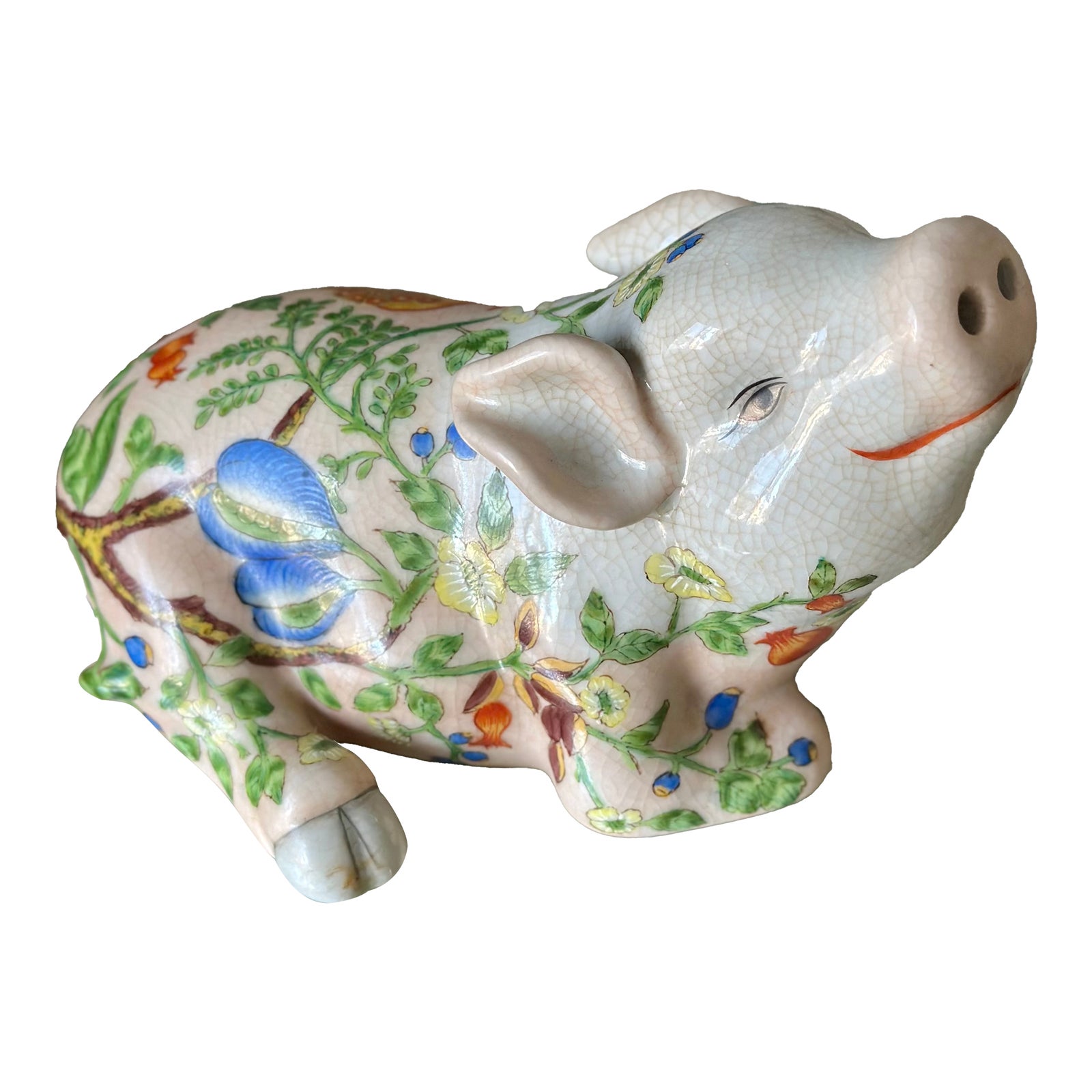 Vintage Chinese Hand-Painted Porcelain Lucky Pig Statue | Chairish