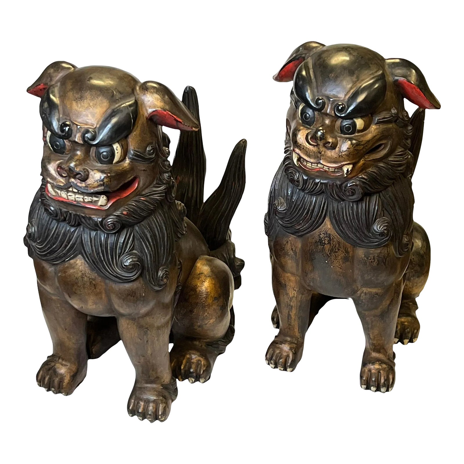 Very Large Chinese or Japanese Carved Wooden Fu Lions - A Pair | Chairish