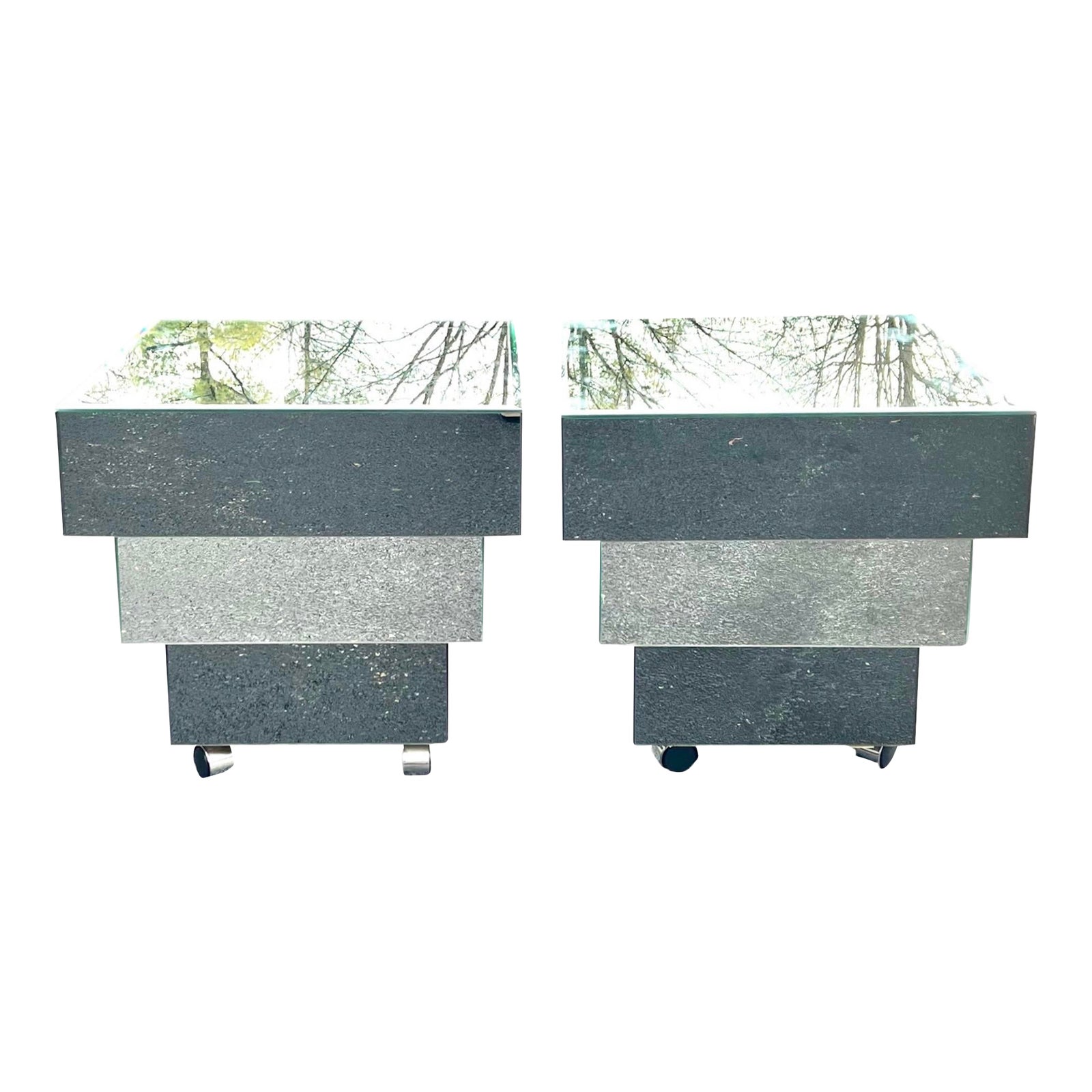 1980s Postmodern Two Tone Tri Layer Stacked Mirrored Side Tables With ...
