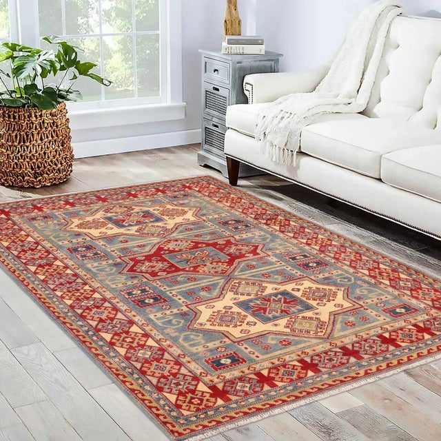 Semi Antique Kazak Lt. Blue/Beige Wool Rug - 4'9 X 6'7 | Chairish