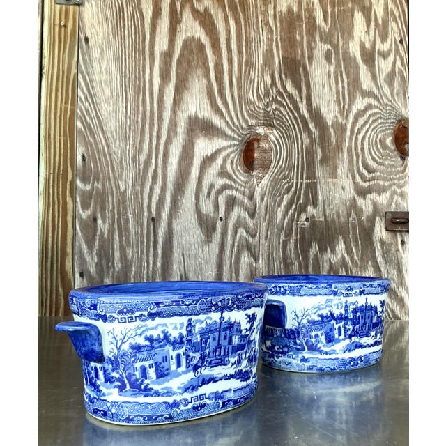 Vintage Regency Blue and White Cache Pots - A Pair | Chairish
