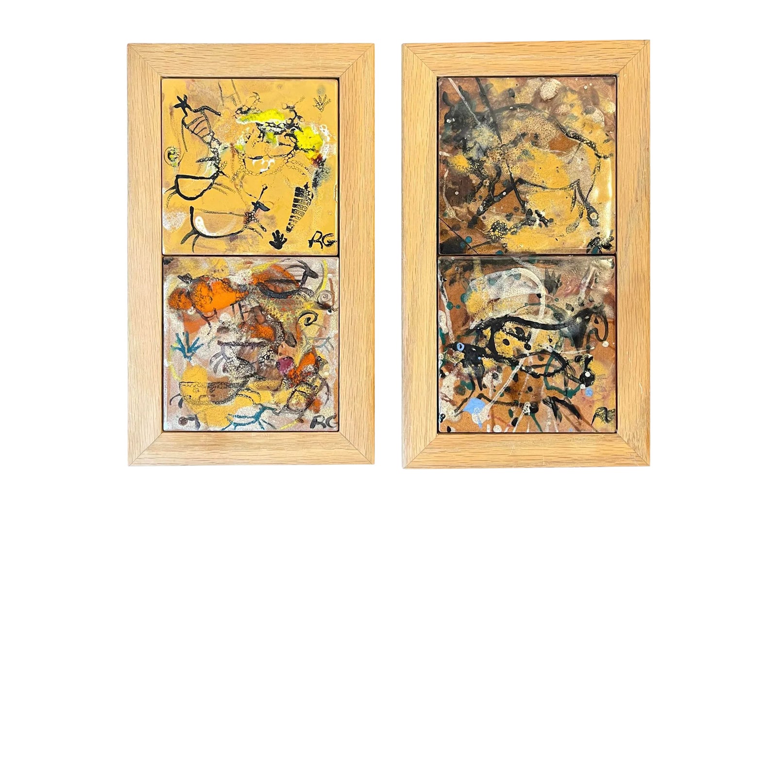 Mid-Century Modern Artisan Abstract Wood Framed Ceramic Tile Wall Art ...