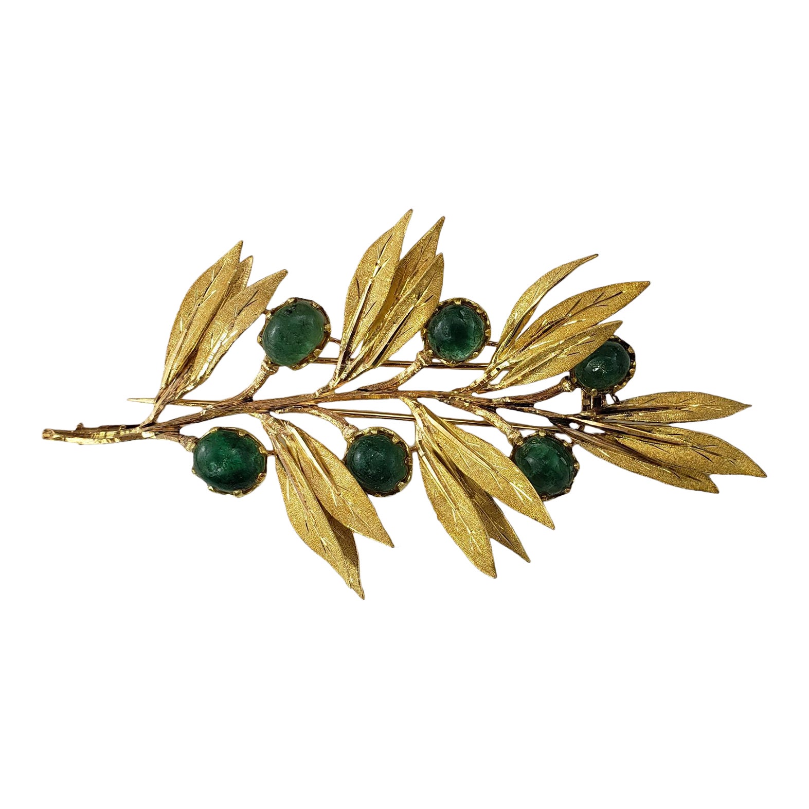 Mid 20th Century Buccellati 18 Karat Yellow Gold and Emerald Brooch/Pin ...