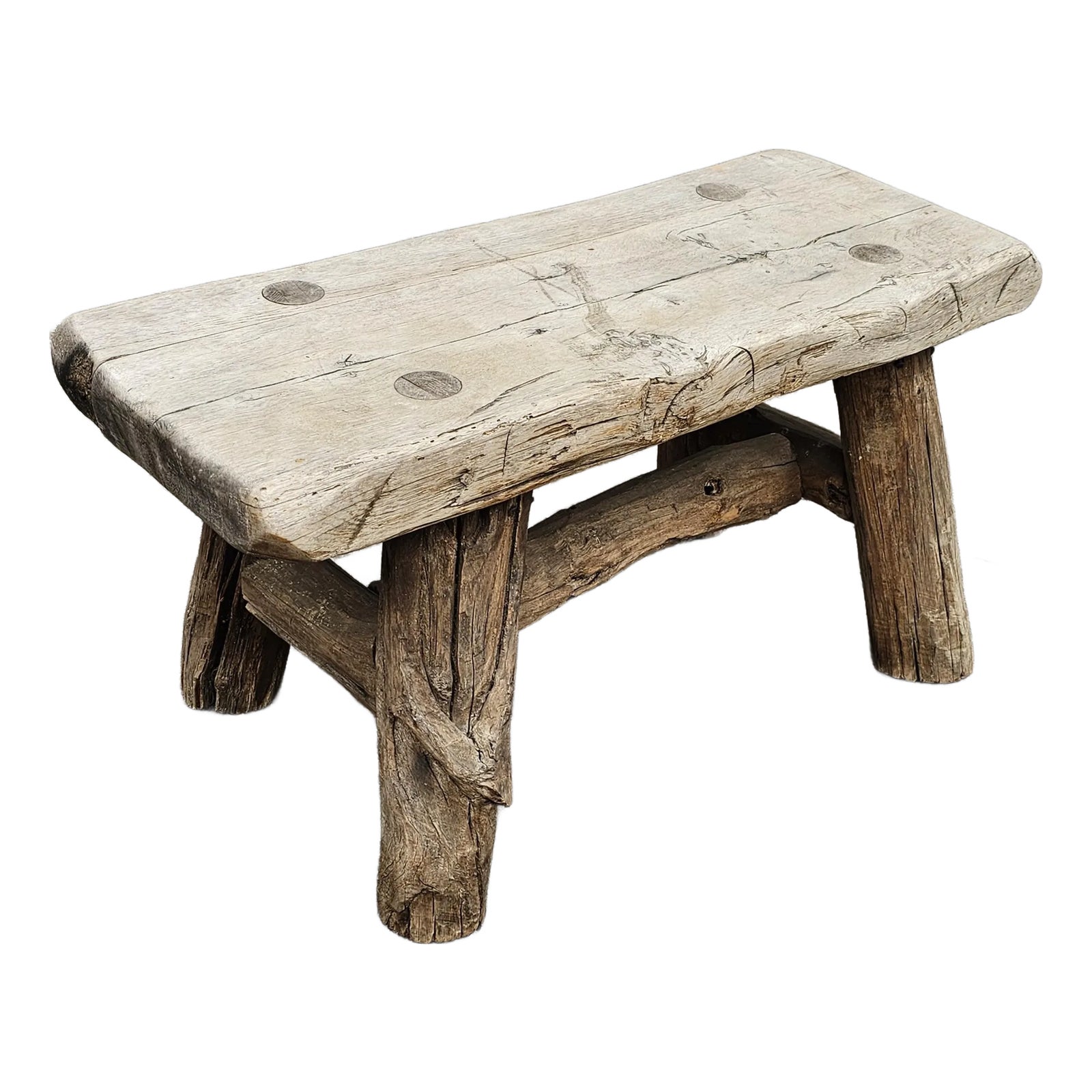 Mid 20th Century Early American Style Rustic Stretcher Pine Log Bench ...