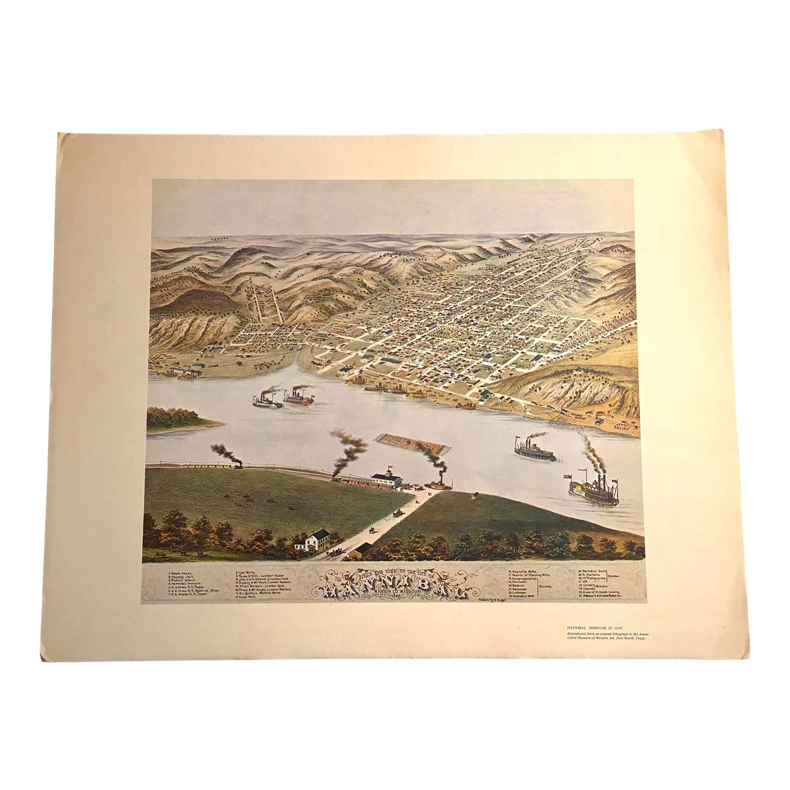 Vintage 1869 Bird's-Eye View Map of Hannibal, Missouri | Chairish