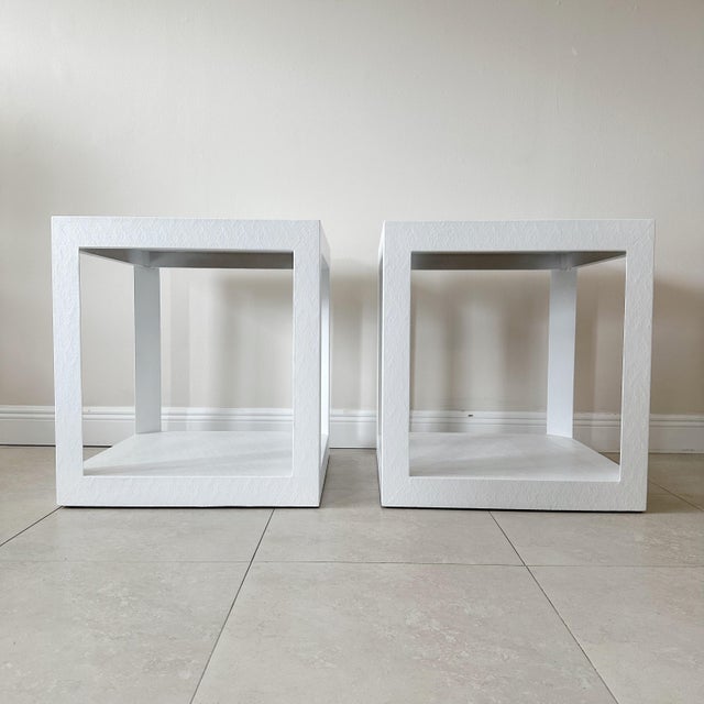 Pair 1970's Linen Wrapped White Lacquered Side Tables | Chairish