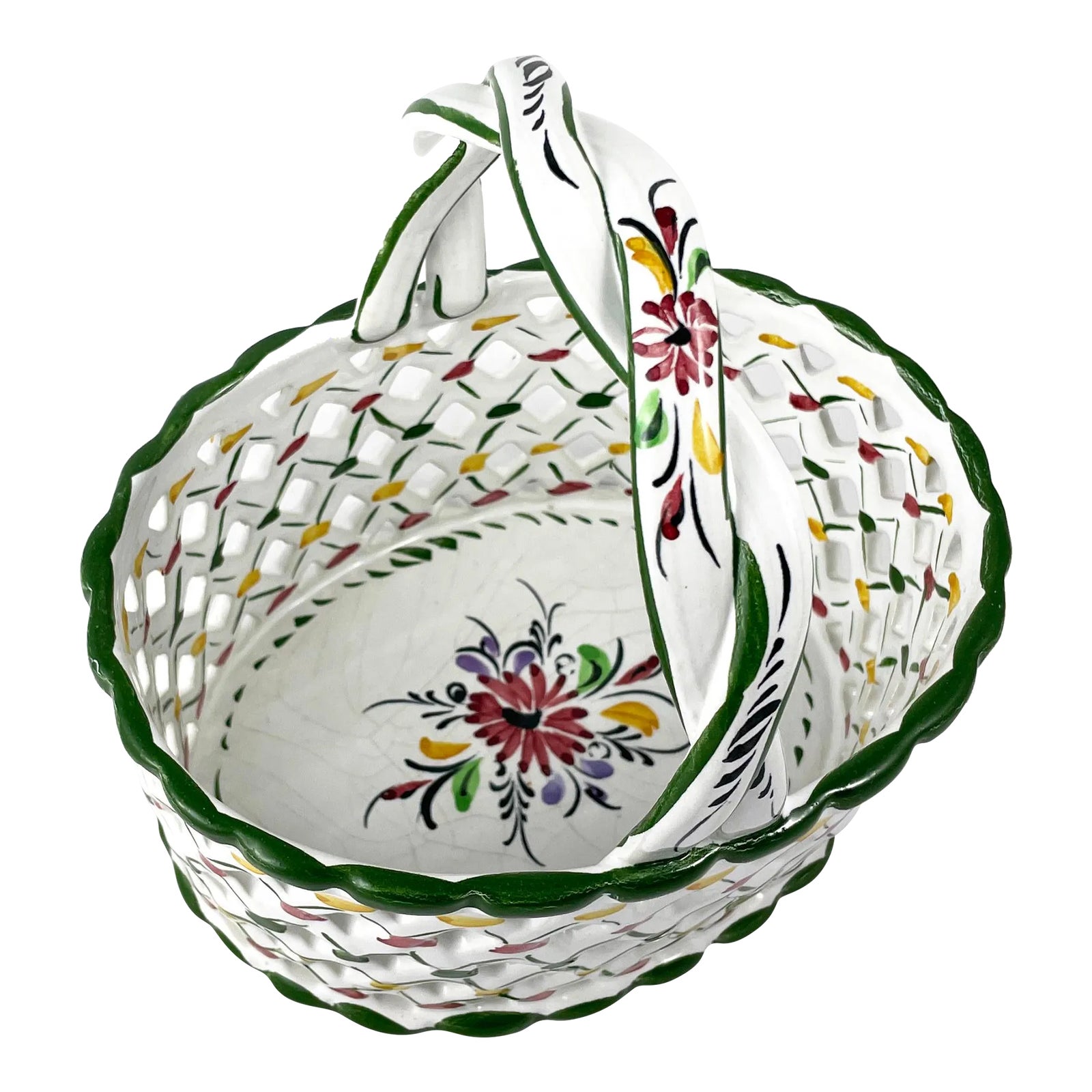 Vintage Hand-Painted Portuguese Ceramic Spring Table Basket | Chairish