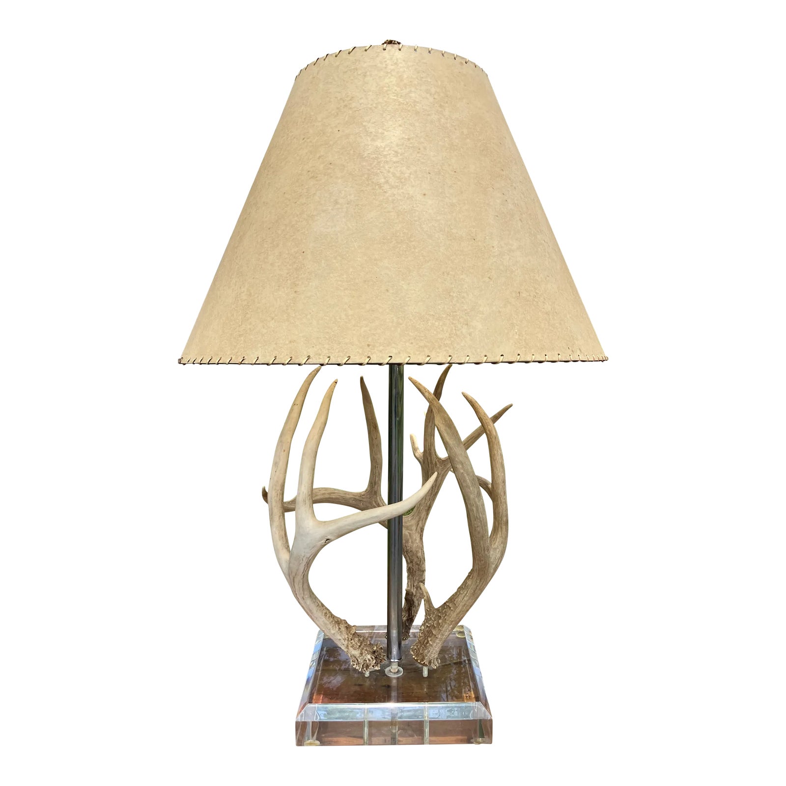 Mid-Century Antler Table Lamp With Hand-Woven Hide Shade + Acrylic Base ...