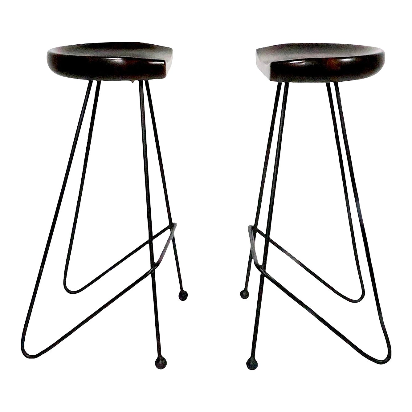 Pr. Mid Century Wrought Iron and Wood Bar Stools After Greta Grossman ...