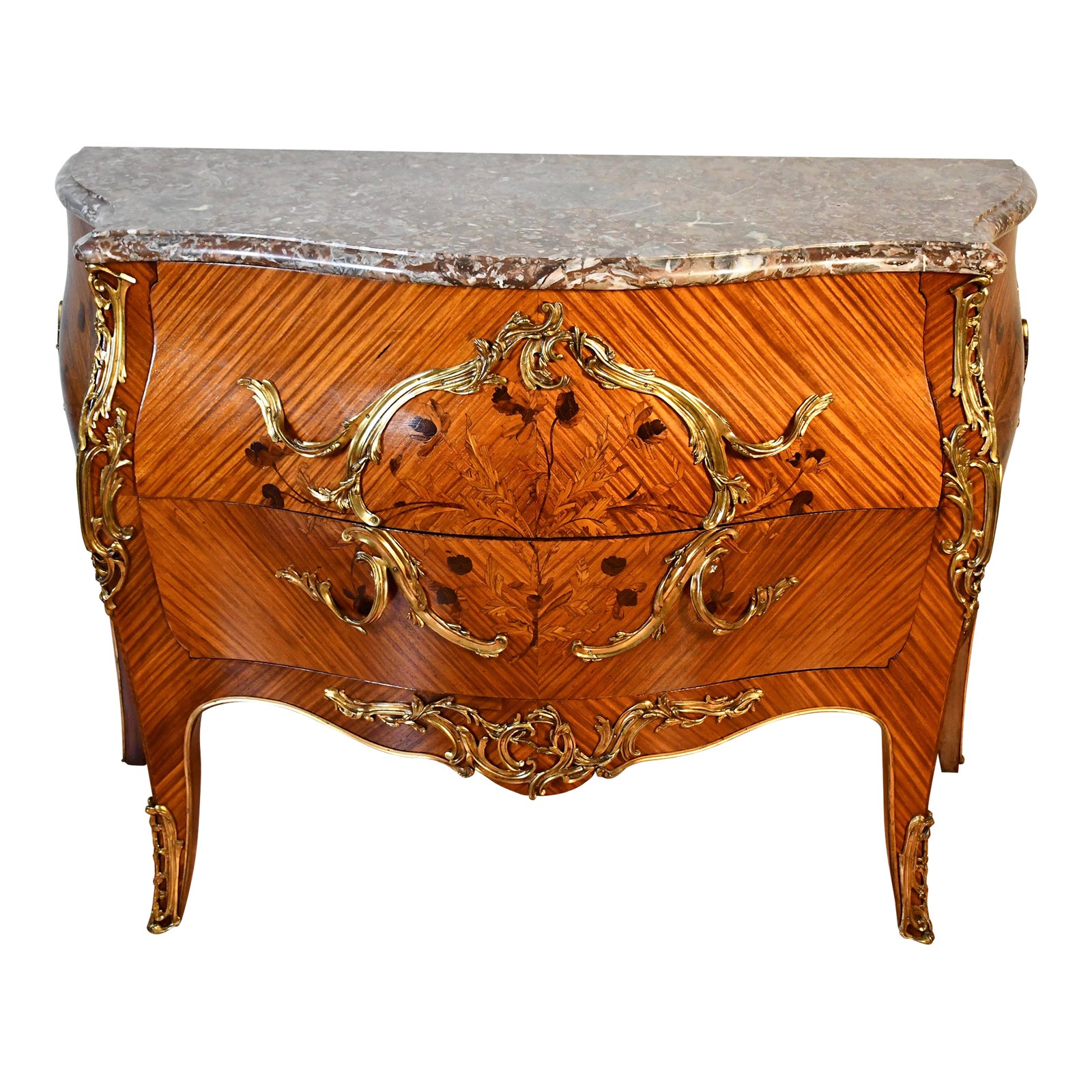 1910 Antique French Louis XV Satinwood Inlaid & Marble Top Commode ...