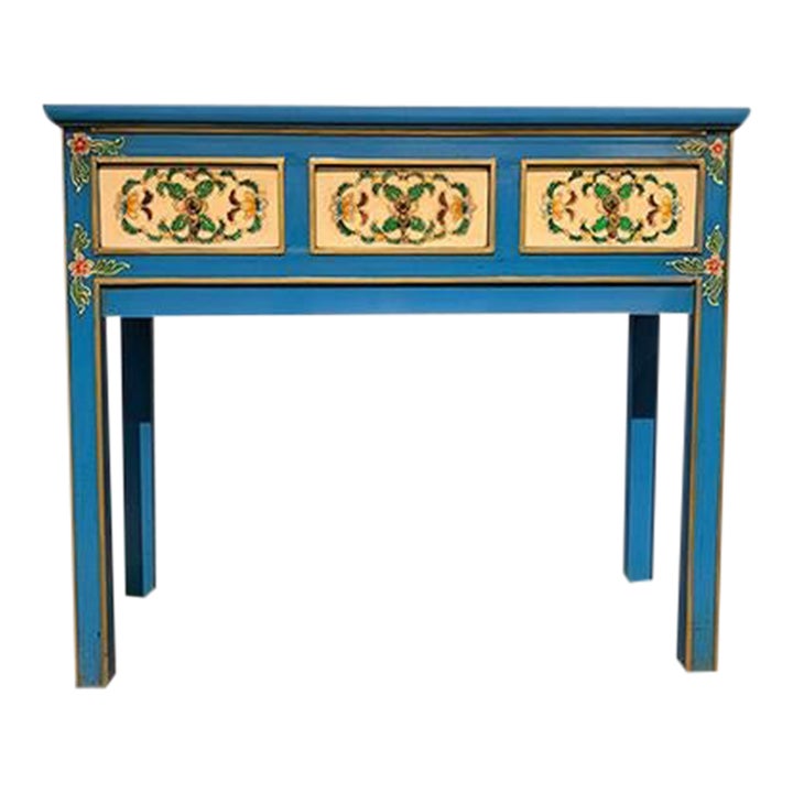 Blue Asian Tibetan Hand Painted Motif Console Table | Chairish