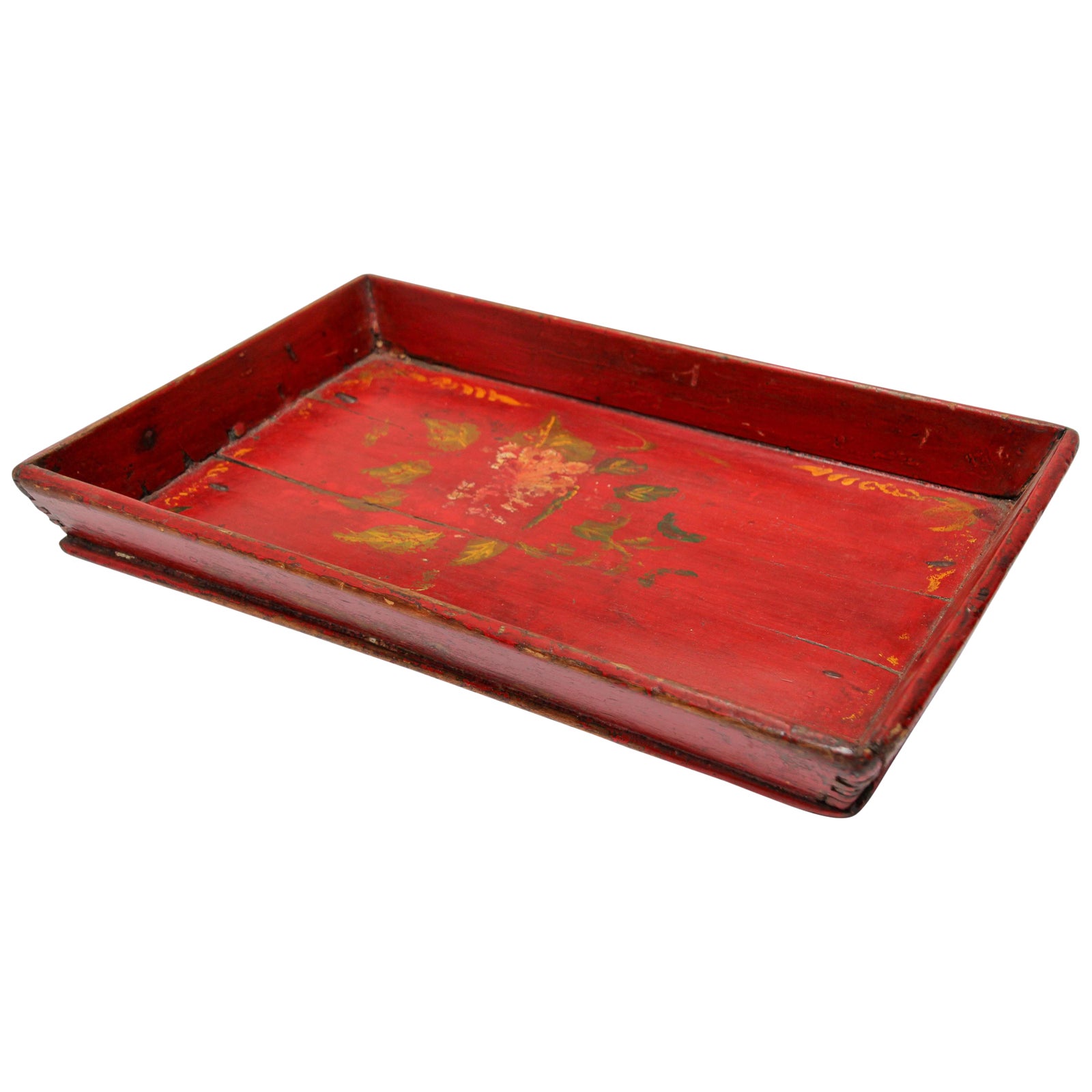 Red Chinese Antique Hand Painted Wood Serving Tray | Chairish
