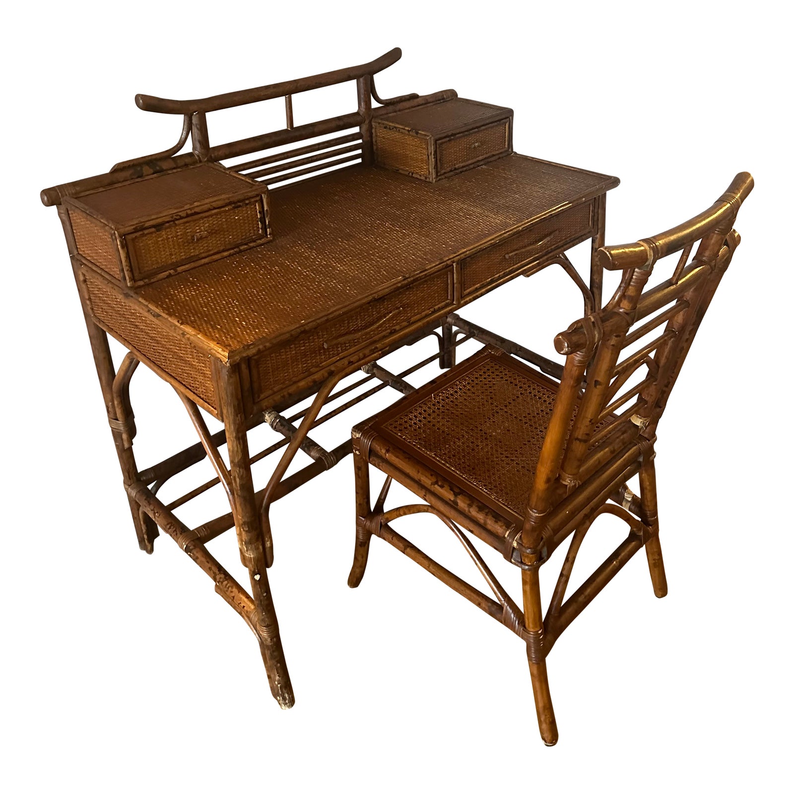 1990s Asian Pagoda Style Burnt Bamboo Cane Desk & Chair - Set of 3 ...