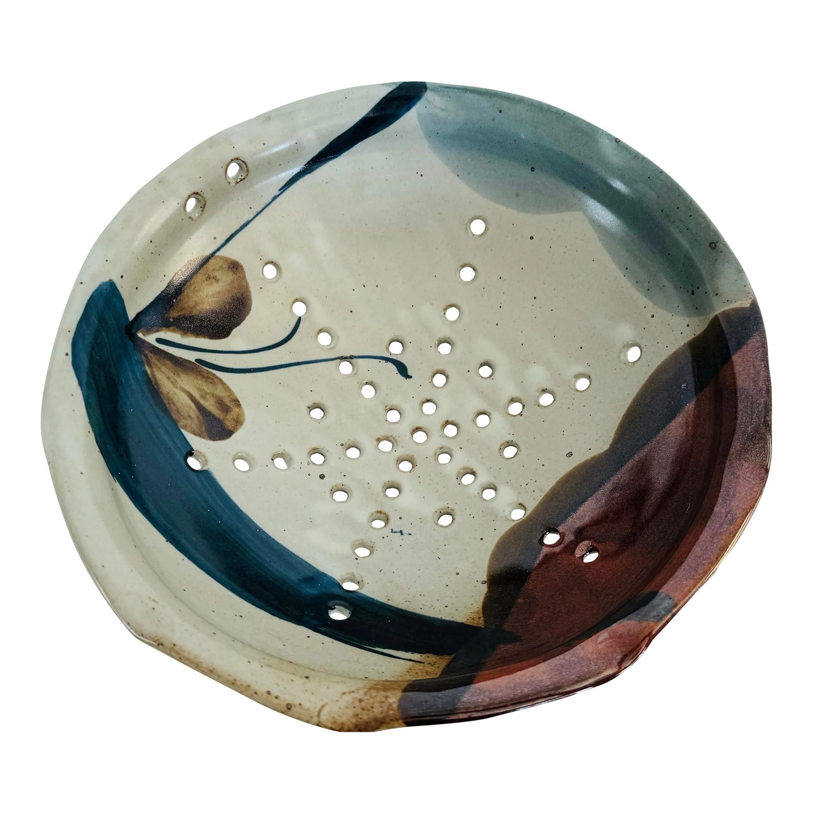 Studio Pottery Art Colander Bowl With Leaf Design | Chairish