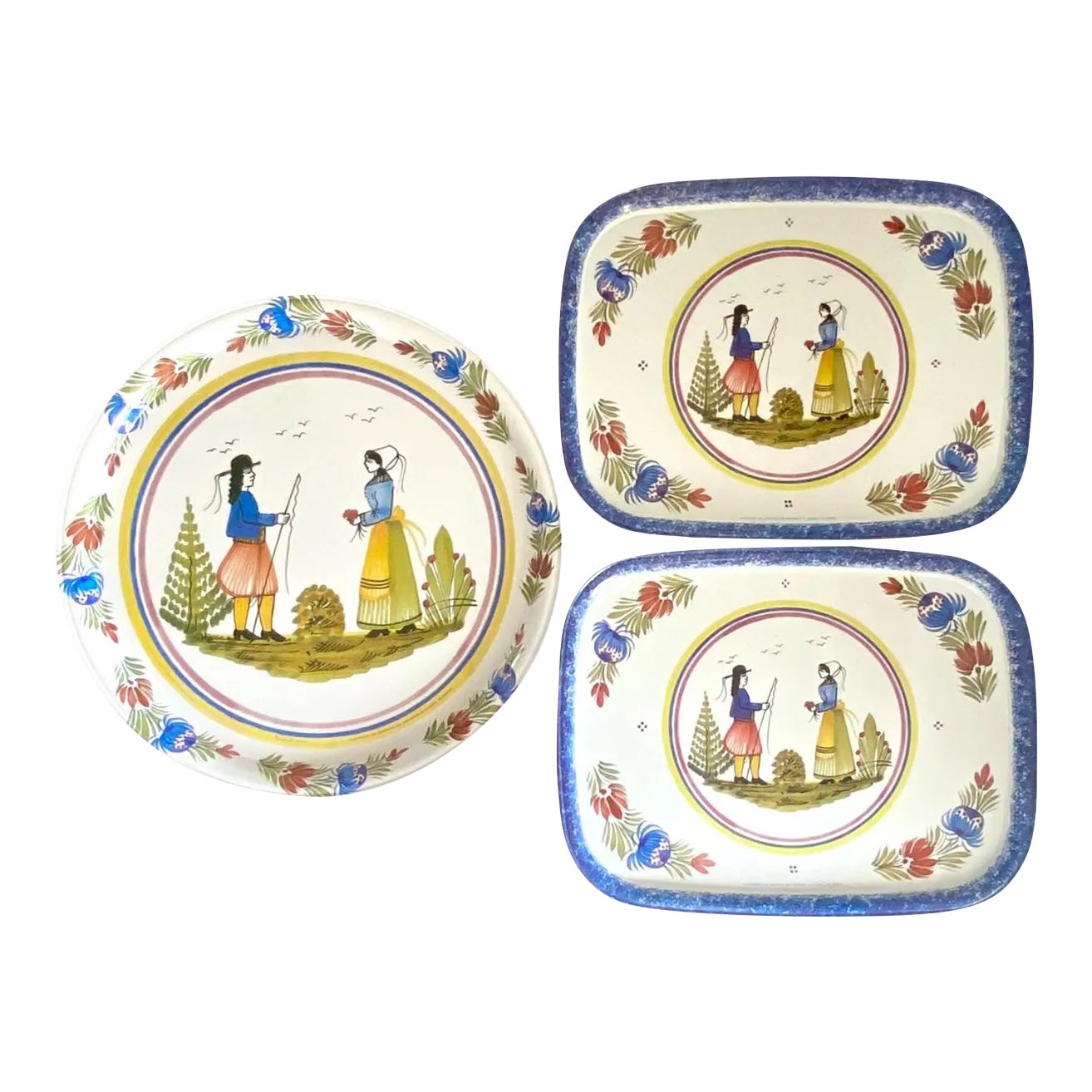 Vintage Massilly France Henriot Quimper Tin Trays - Set of 3 | Chairish