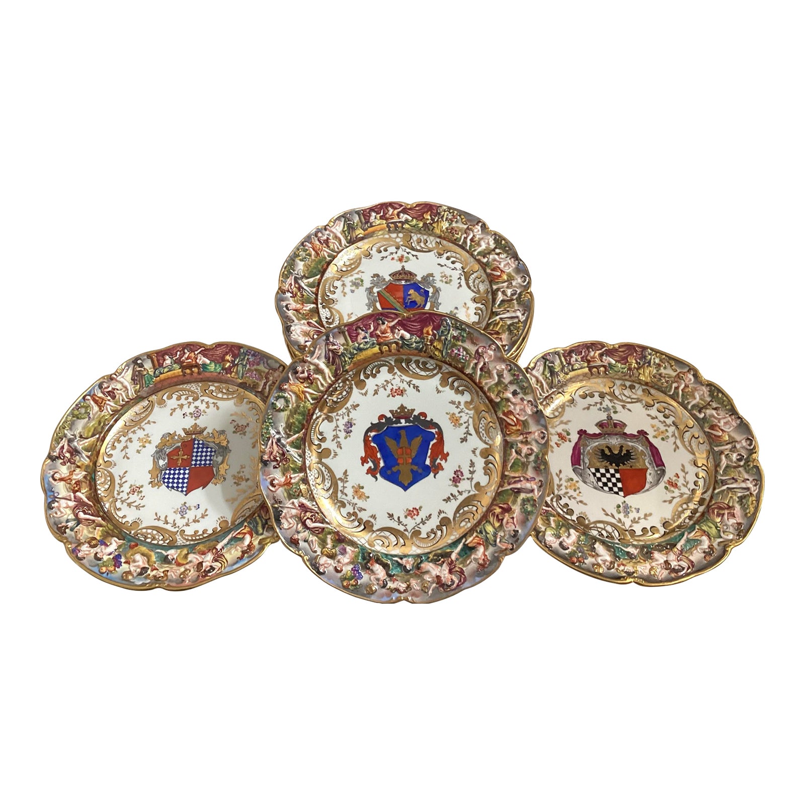 Set of 4 Antique Capodimonte Armorial Crest German Porcelain Cabinet ...