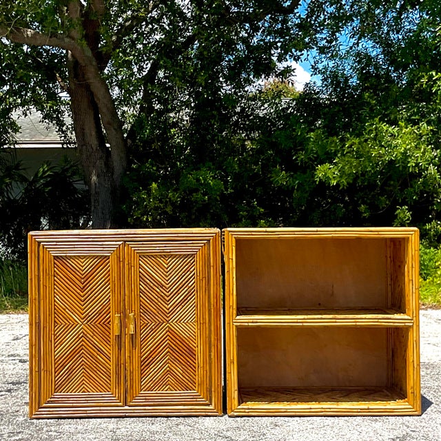 Vintage Costal Chevron Pencil Reed Cabinets - Set of 2 | Chairish