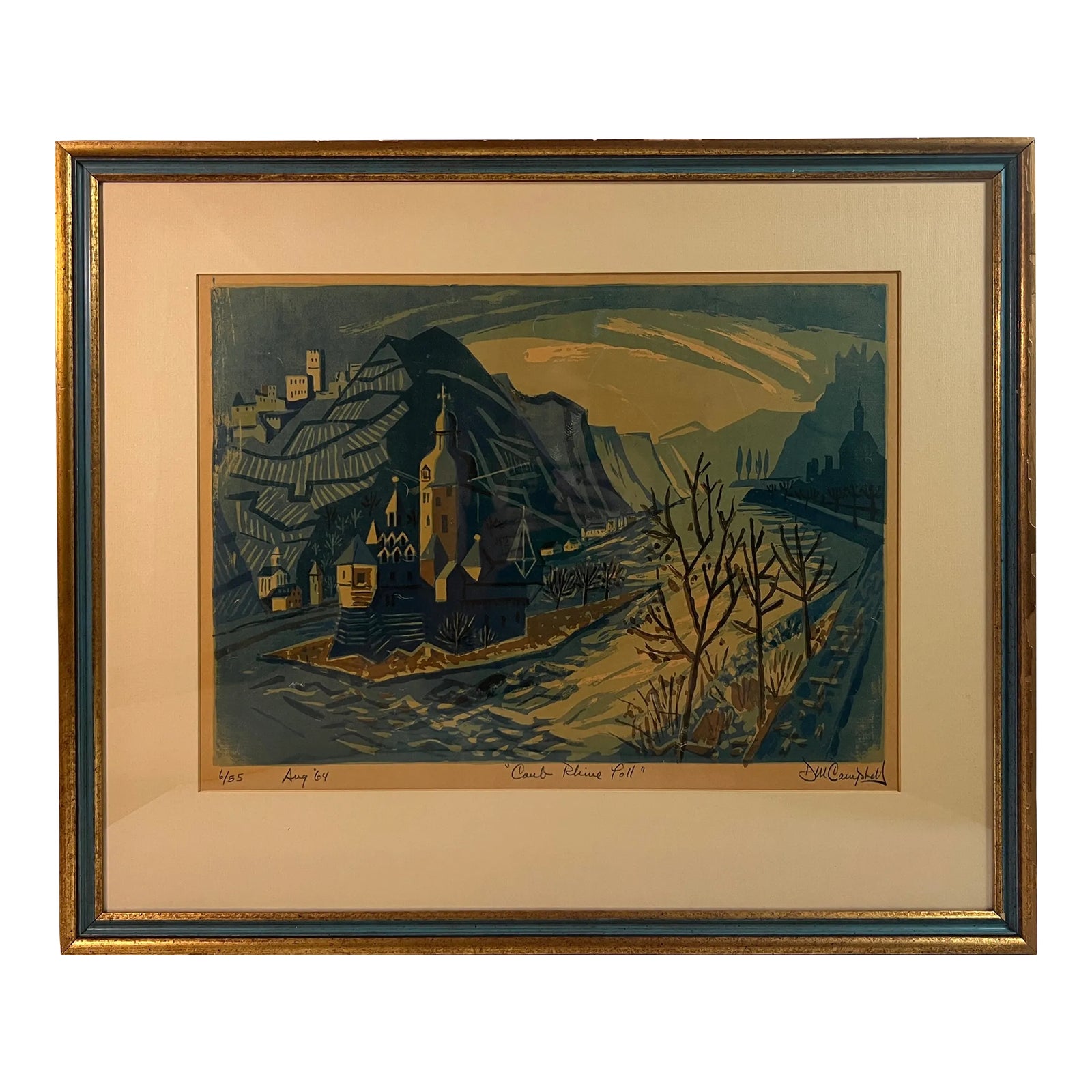 Cubist Castle and River Scene, Signed Lithograph | Chairish
