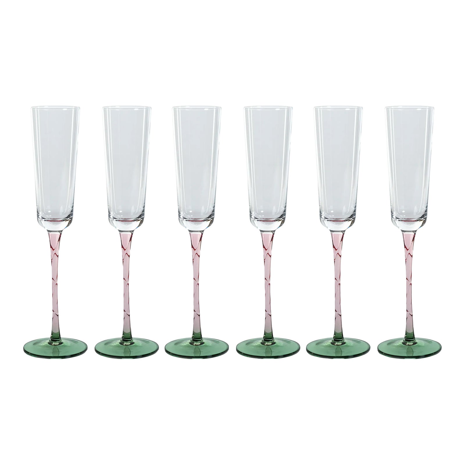 Sachi Green & Pink Champagne Flutes, Set of 6 | Chairish