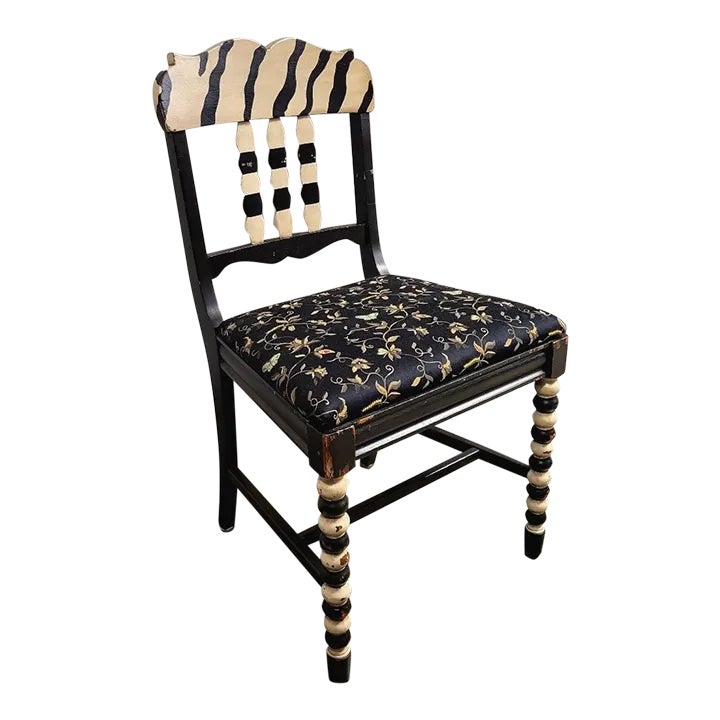 Vintage Custom Black and Cream Painted Spool Leg Side Chair | Chairish